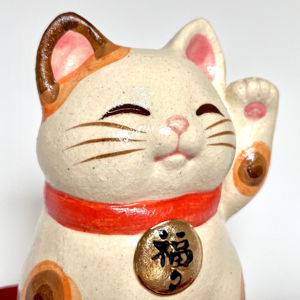 Japanese Pottery Handmade Lucky Cat Maneki Neko Left Hand 12cm Seto ...