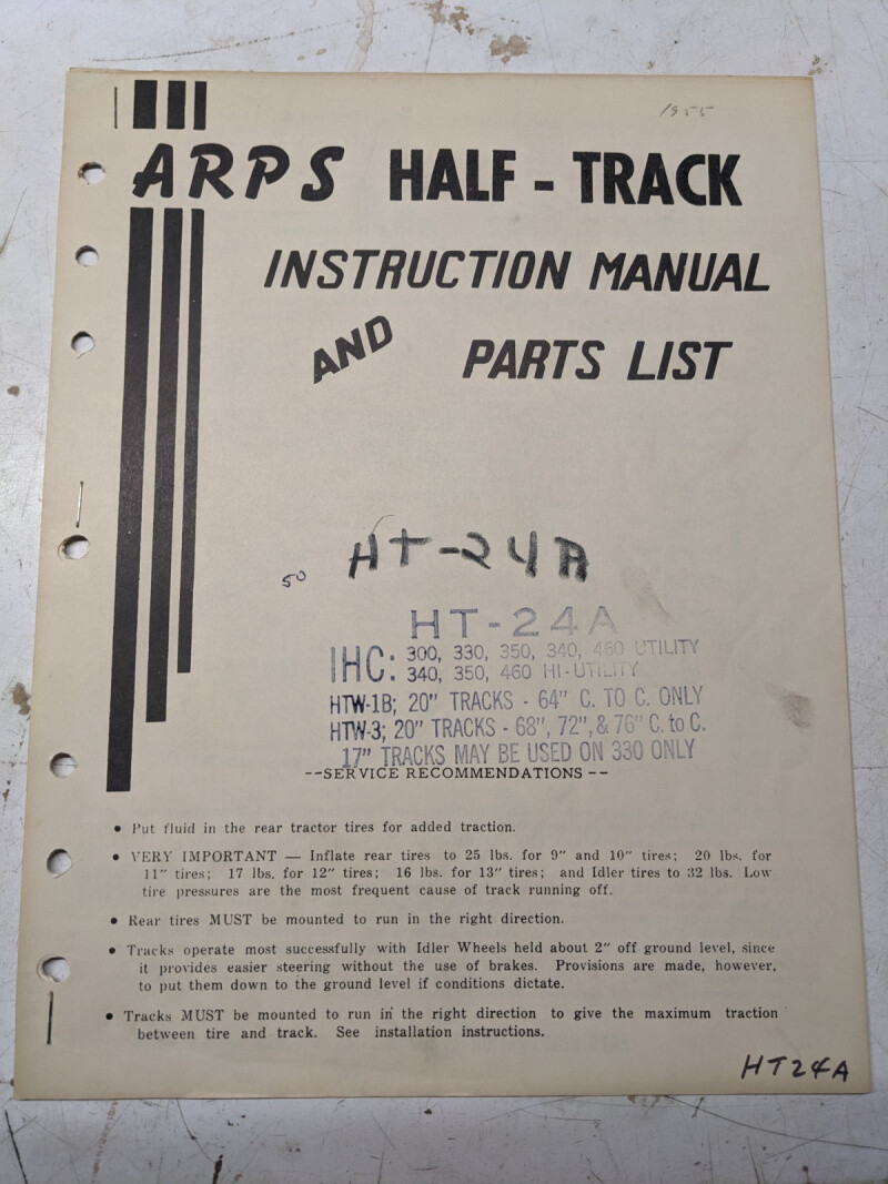 ARPS TRACTOR HALF-TRACK INSTRUCTION OWNER MANUAL PARTS LIST IHC HTW HT ...