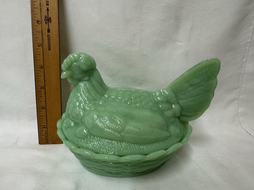Jadeite Glass Hen on Woven Nest - Chicken Candy or Trinket Dish Green ...