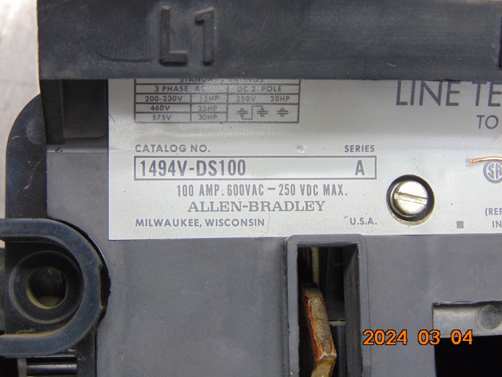 ALLEN BRADLEY 1494V- DS100 DISCONNECT SWITCH 100A 600VAC 250VDC | eBay