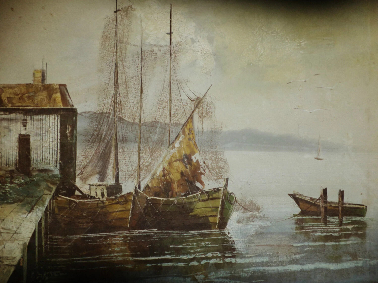 Large vintage canvas oil painting old seaport landscape signed " K Max ...