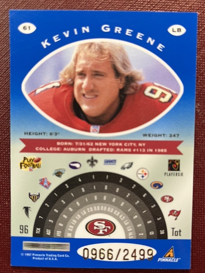 Kevin Greene 1997 Pinnacle Totally Certified Platinum Blue, Serial #966 ...