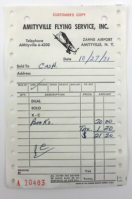 Vintage Zahn's Airport Flying Service Receipt 1971 Amityville Long ...