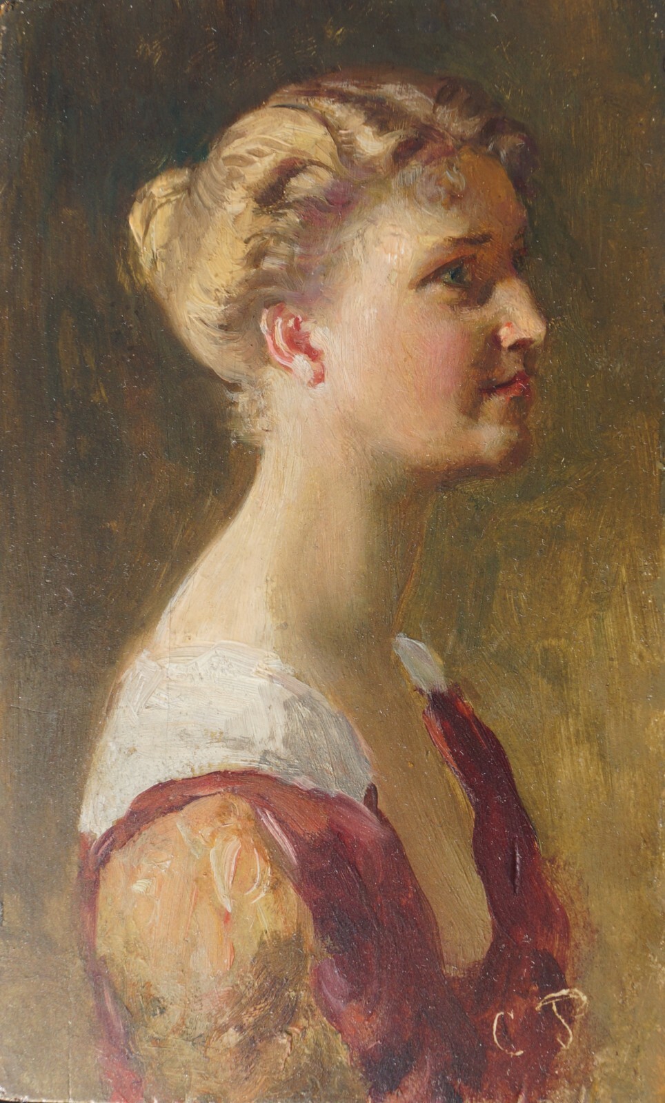 Carl Probst, Junge Dame im Profil, kleines Ölbild auf Holz ...