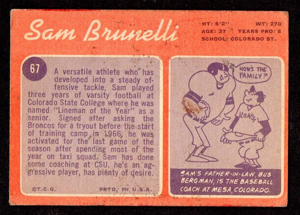 1970 Topps #67 Sam Brunelli Rookie Denver Broncos Good+ | eBay