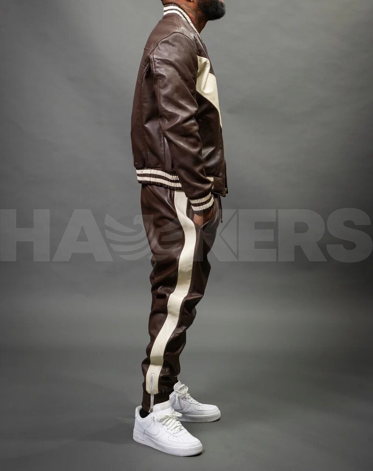 Men's 100% Real Leather Jogging TrackSuit ,Workout Jacket+Pant ,Full ...