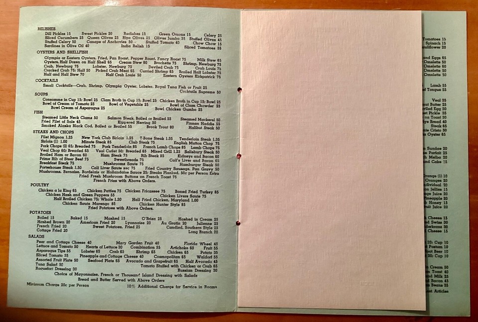 1940 Menu from "Hotel Multnomah" Portland, OR. | eBay