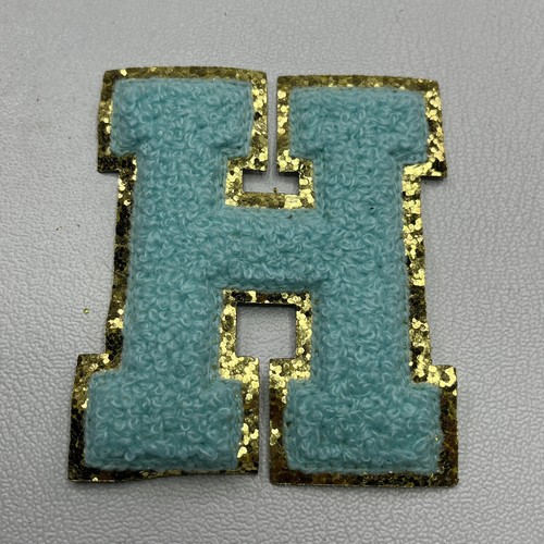 3" AQUA BLUE ish Chenille Letter Initial H Patch w/ Gold Sparkle Trim ...