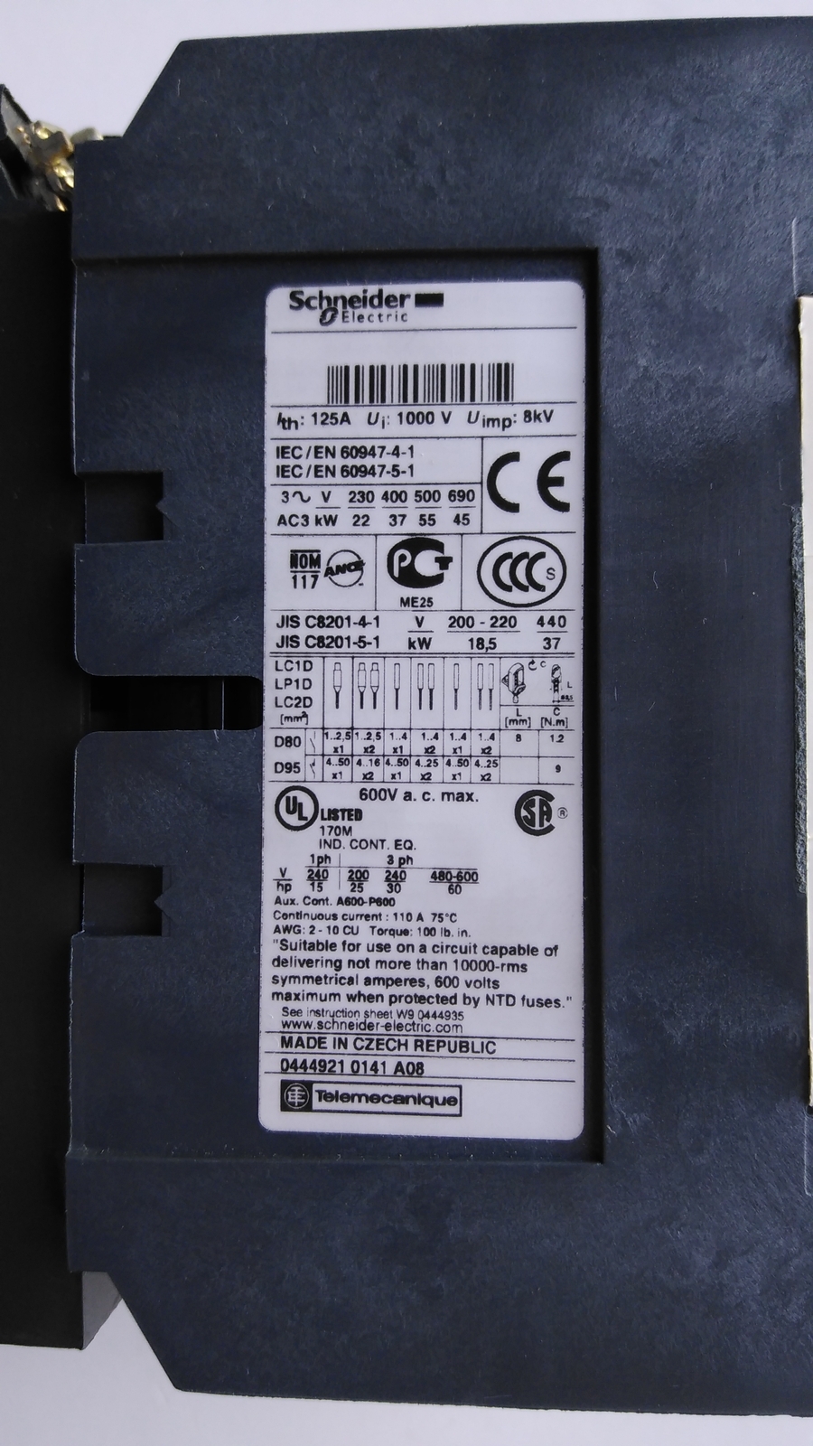 [Used] Schneider / LC1D806, 80A / Circuit Breaker, 3-Pole, 125A, 1kV ...