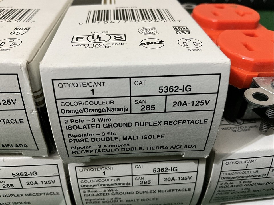 QTY 8 - LEVITON 5362-IG Hospital Grade Isolated Ground. 20A 125V Orange ...