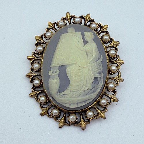 Vtg Blue Cameo Victorian Greek Painter Brooch Pin Pendant Gold Tone w ...