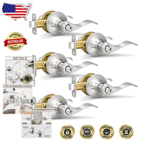 Privacy Door Handle Set - 5 Satin Nickel Levers with Adjustable Latch ...