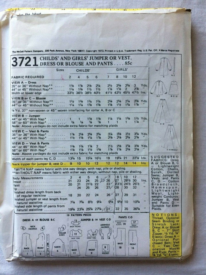 Vtg 1973 UNCUT New McCall's 3721 Girls Size 8 Vest Dress Blouse & Pants ...