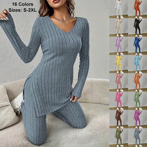 Women Ladies Long Sleeve Ribbed V Neck Bottom Tops Lounge Wear ...
