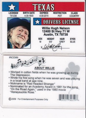 Country Singer WILLIE NELSON Austin Texas TX fun Drivers License fake ...
