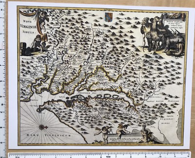 Antique Old Colour Vintage MAP 1600s: Virginia Chesapeake America: 1671 ...