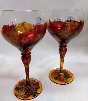 Two New Monarch Crystal Monaco Hand Painted Wine Glasses Vivid Colors # ...