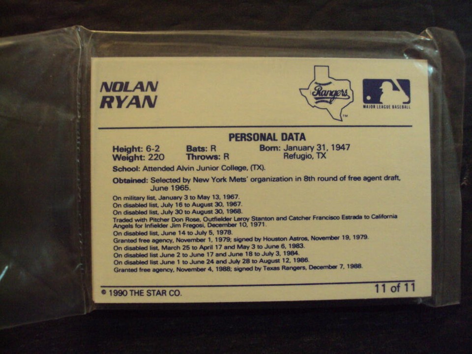 Complete 11 Card Set Nolan Ryan Cards 1990 The Star Co ID:89396 | eBay