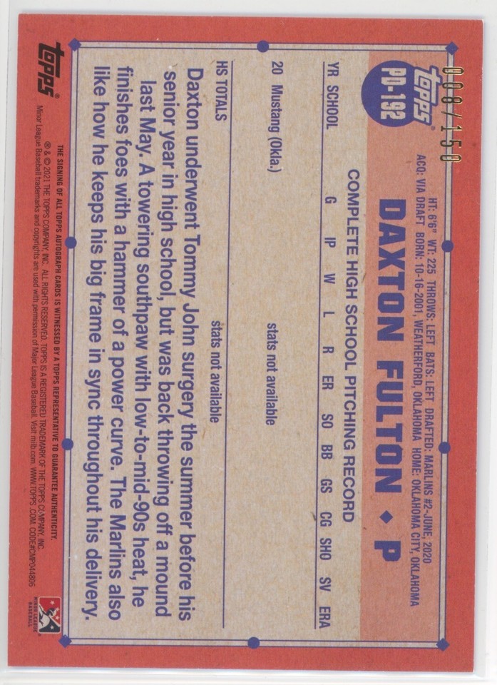 DAXTON FULTON 2021 TOPPS PRO DEBUT PROSPECT ROOKIE BLUE AUTO #8/150 RC ...