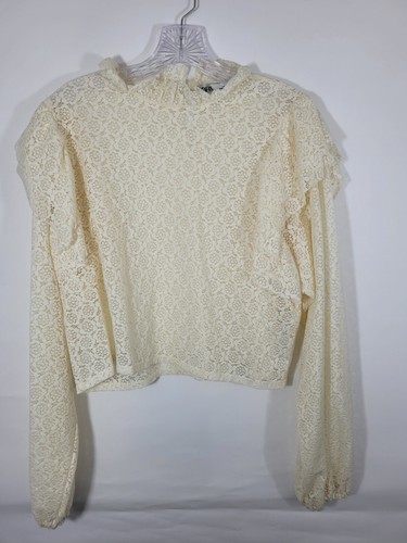 Zara Size Large Cream ivory Lace Ruffled Cropped Top Blouse Long Sleeve ...