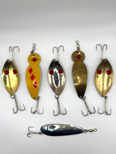6 Vintage Fishing Lure Spoons Gibbs Ruby Red Eye Wiggler plus Gibbs ...