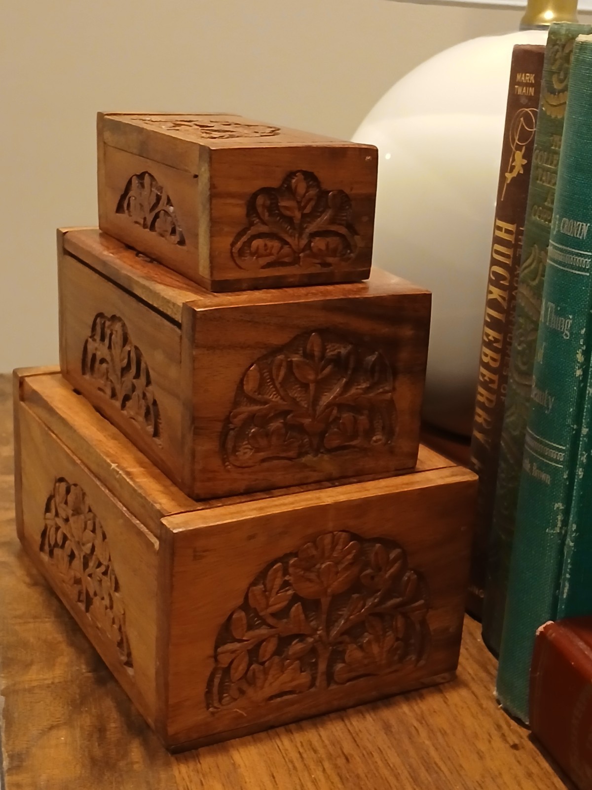 VTG CARVED WOOD FLORAL NESTING BOX SET MADE IN INDIA KEEPSAKES, TRINKET ...