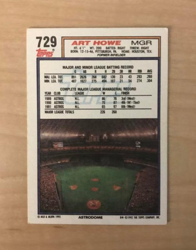 ART HOWE HOUSTON ASTROS SIGNED AUTOGRAPHED 1992 TOPPS CARD #729 W/COA ...