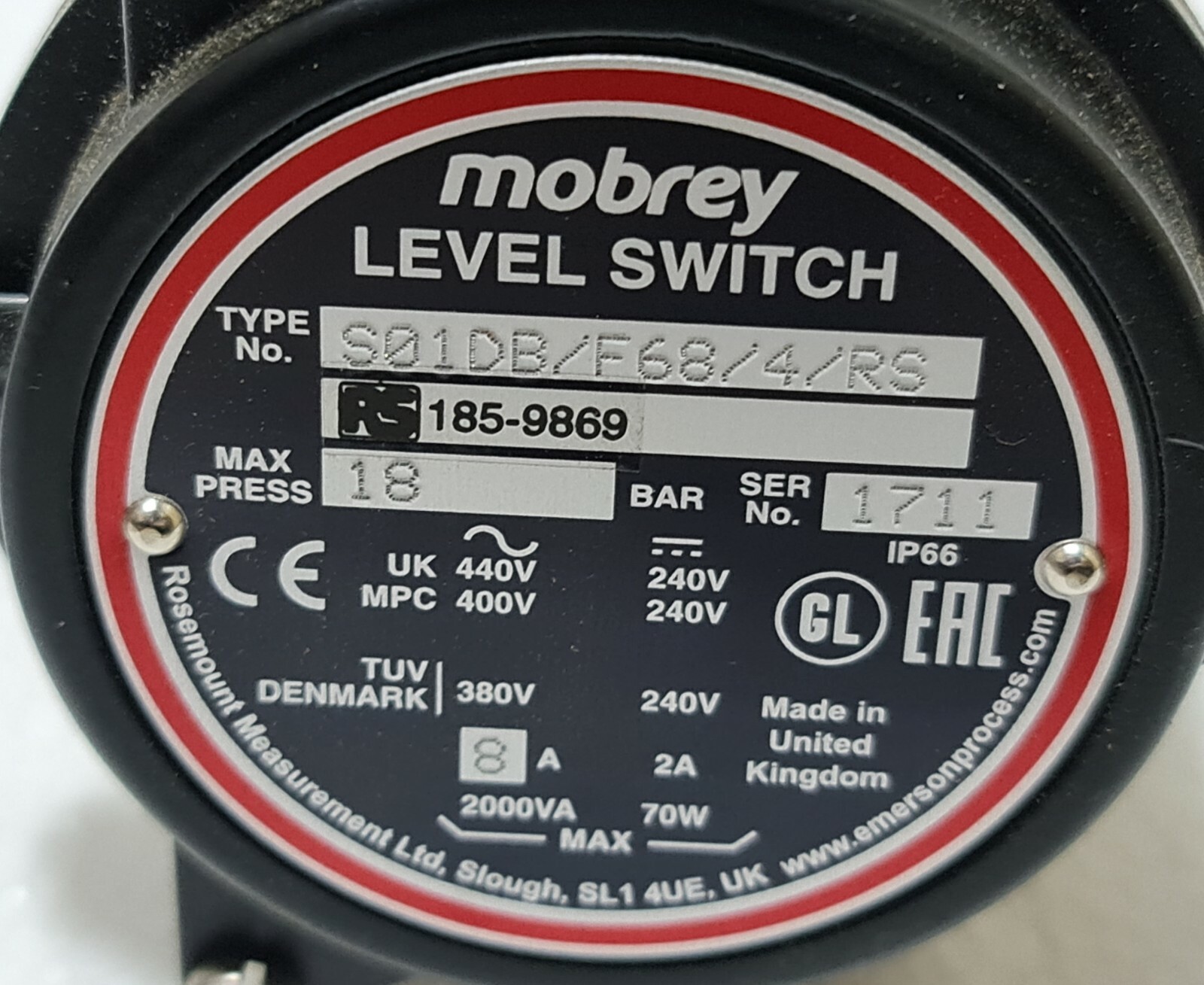 EMERSON/MOBREY MAGNETIC LEVEL SWITCH TYPE NO.:S01DB/F68/4/RS 18BAR S/N ...