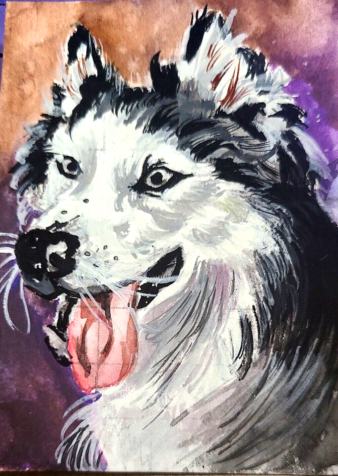 ORIGINAL ACEO BLACK WHITE DOG Acrylic Painting ART BY HANSHI | eBay