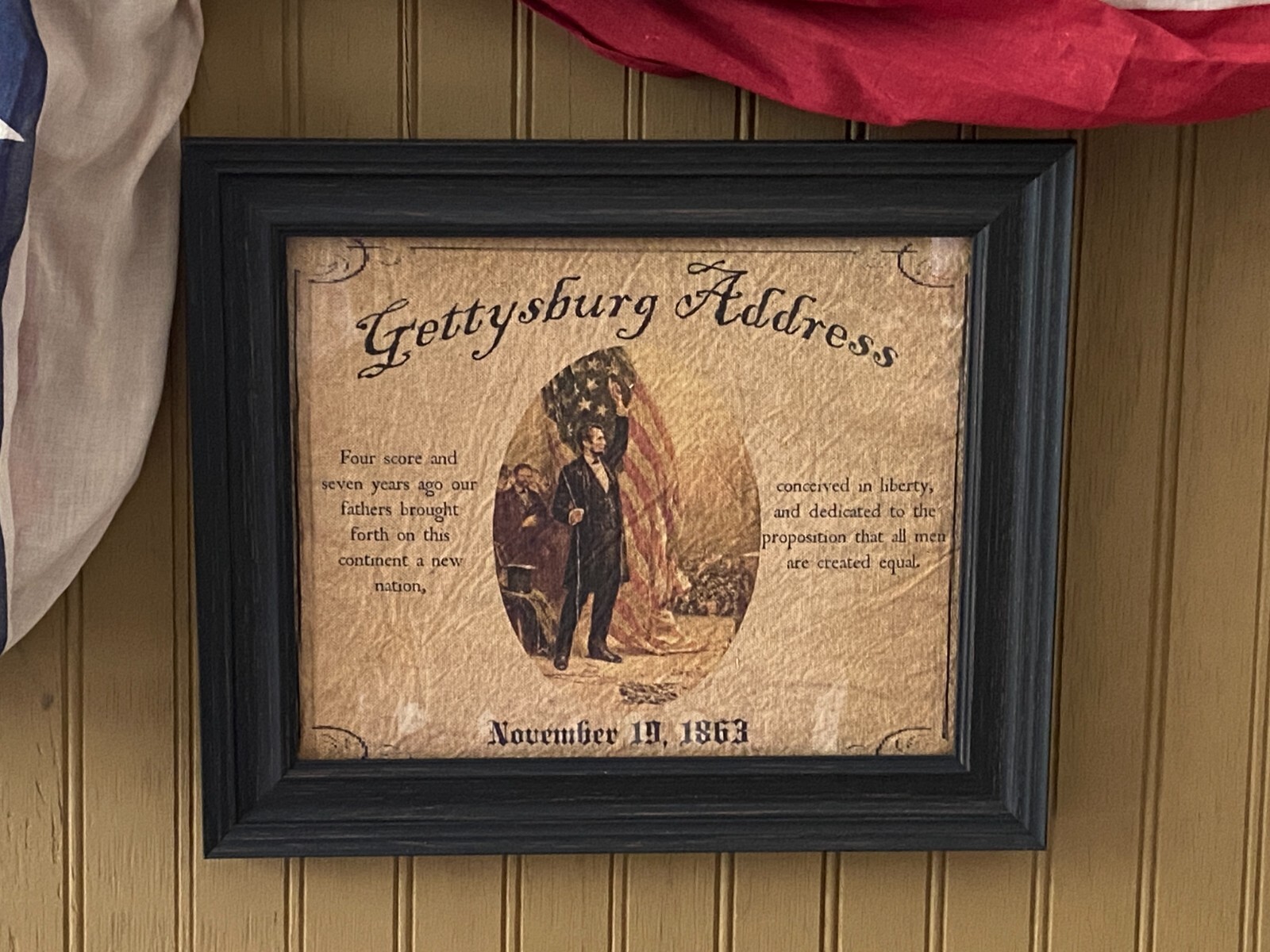 Handcrafted Primitive Stained Osnaburg Fabric Gettysburg Address Framed ...