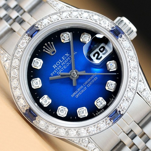 ROLEX LADIES DATEJUST 18K WHITE GOLD SS BLUE VIGNETTE DIAMOND BEZEL ...
