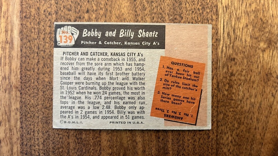 1955 Bowman Bobby Shantz/Billy Shantz Kansas City Athletics #139 | eBay