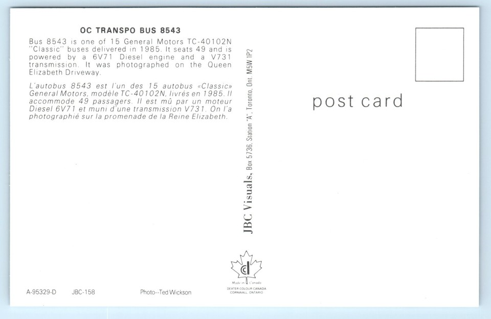 POSTCARD OC Transpo Bus 8543 General Motors TC-40102N Classic Canada | eBay