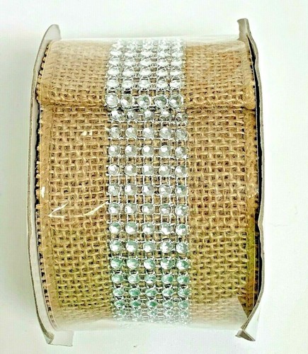 2pk New Wired Burlap Ribbon w/ Embellished Silver Jewels 2.5" x 10ft x ...