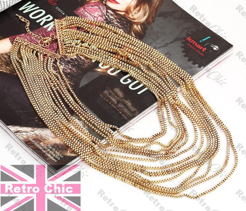 SLINKY DRAPE BIG NECKLACE statement LAYERED LIQUID CHAINS gold/silver ...