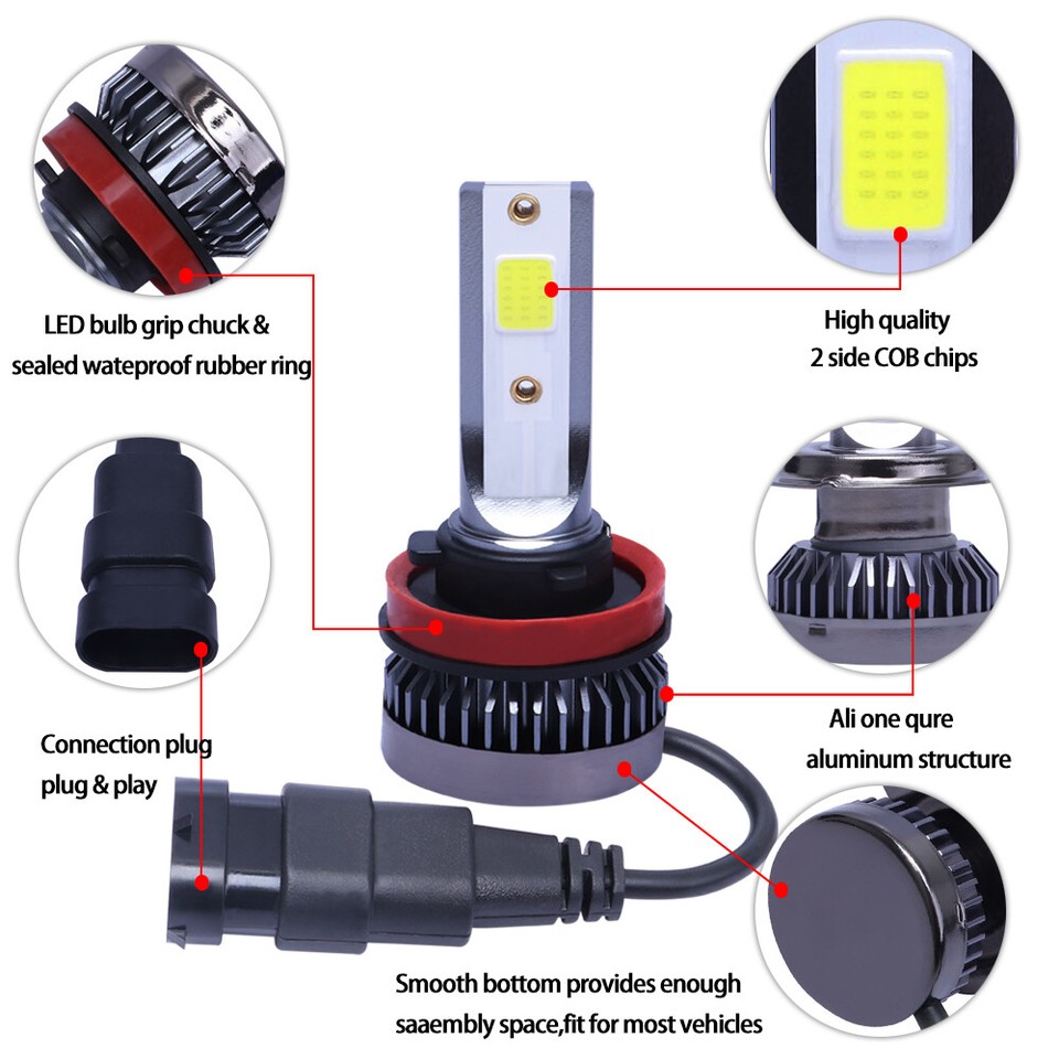 2X H11 Mini Ultra-light 120W 26000LM 6000K COB LED Headlight Low Beam ...