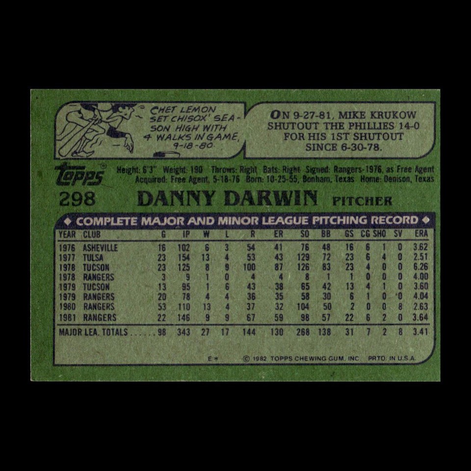 Danny Darwin 1982 Topps Texas Rangers #298 R313C 51 | eBay
