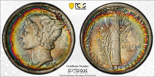 1935 Silver Mercury Dime - PCGS Genuine - Scrape - UNC Details - Toned ...