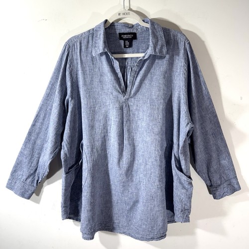 Jones New York Linen Blue Tunic Size 3X Popover Roll Tab Sleeve ...