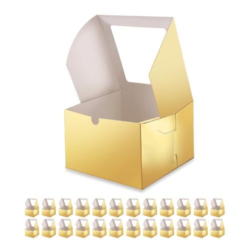 25 Gold Bakery Boxes with Window, 6x6x4 Inches Cake Boxes with Window ...