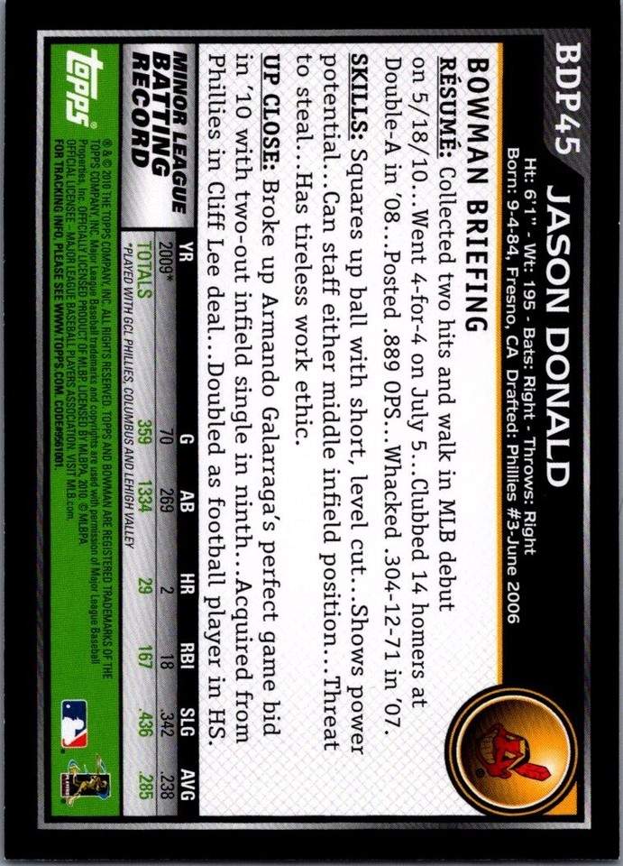 2010 Bowman Draft #BDP45 Jason Donald RC Cleveland Indians | eBay