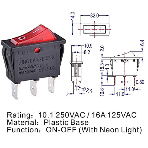 Zing Ear ZE-235L Rocker Switch Red Illuminated 16A 125VAC 250VAC On/Off ...