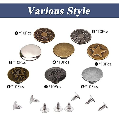80 Sets Jeans Buttons, 17mm Pants Tack Buttons 8 Style Metal Snap ...
