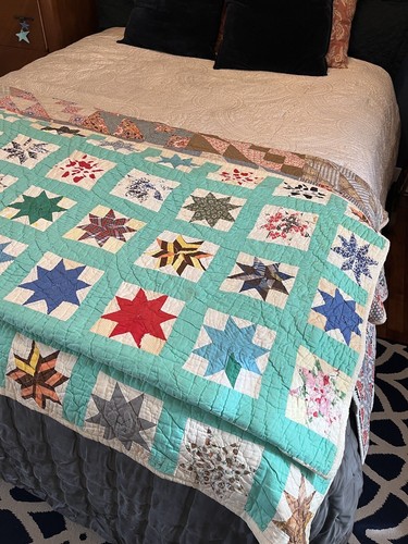 Vintage Handmade Quilt Teal Stars Full Handstitched Patchwork | eBay
