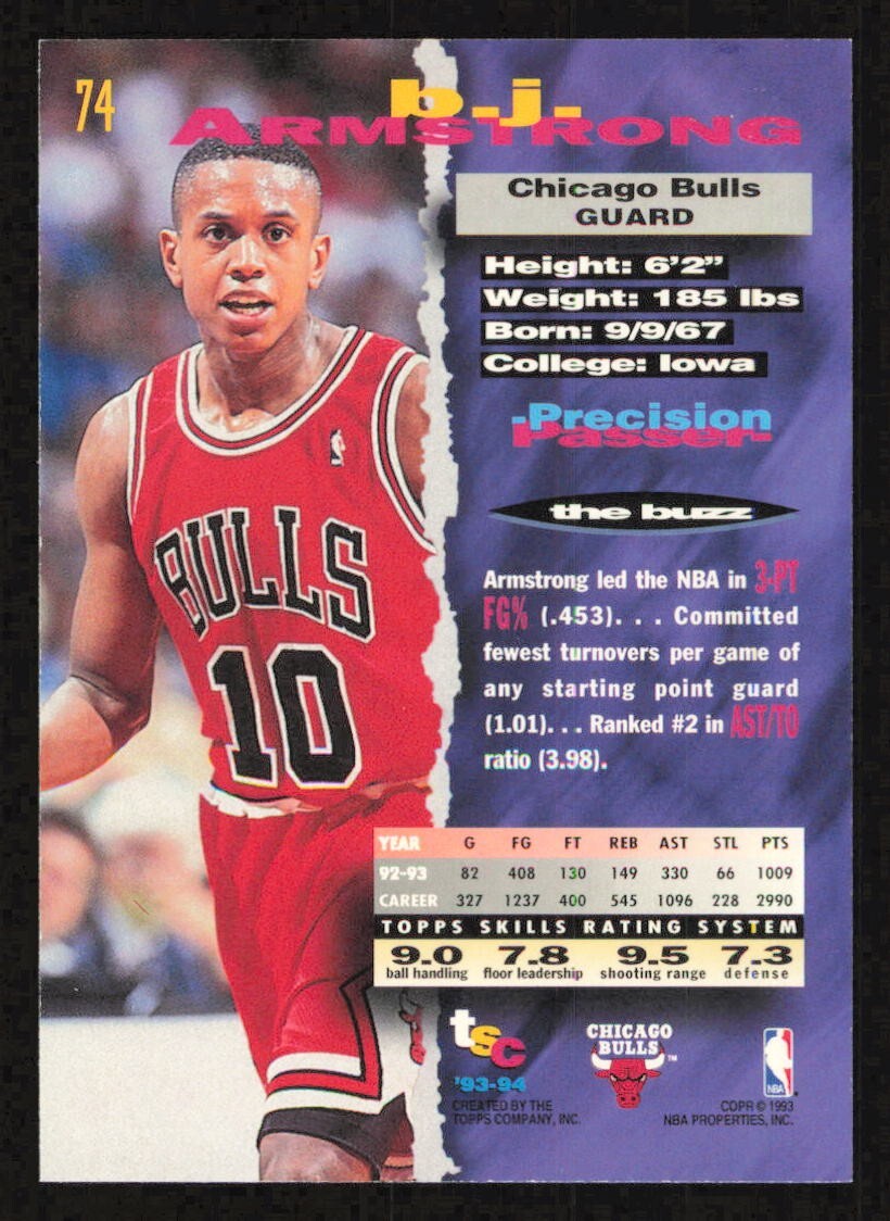 1993-94 Topps Stadium Club B.J. ARMSTRONG MEMBERS ONLY card CHICAGO ...