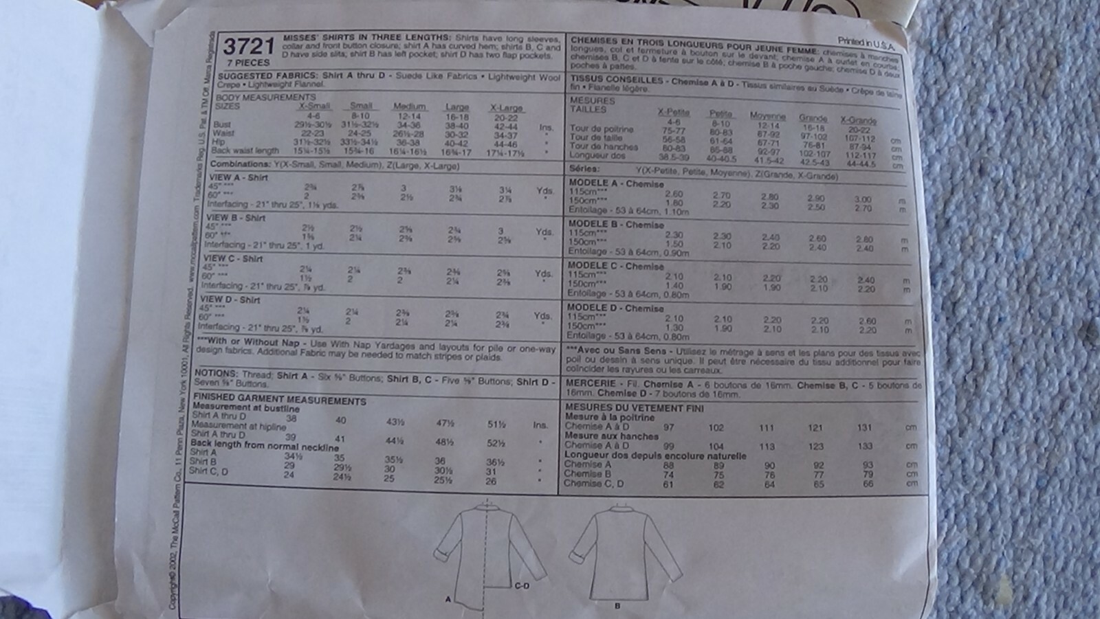 Uncut McCalls 3721 Pattern Jacket Style Shirts in Three Lengths Size L ...