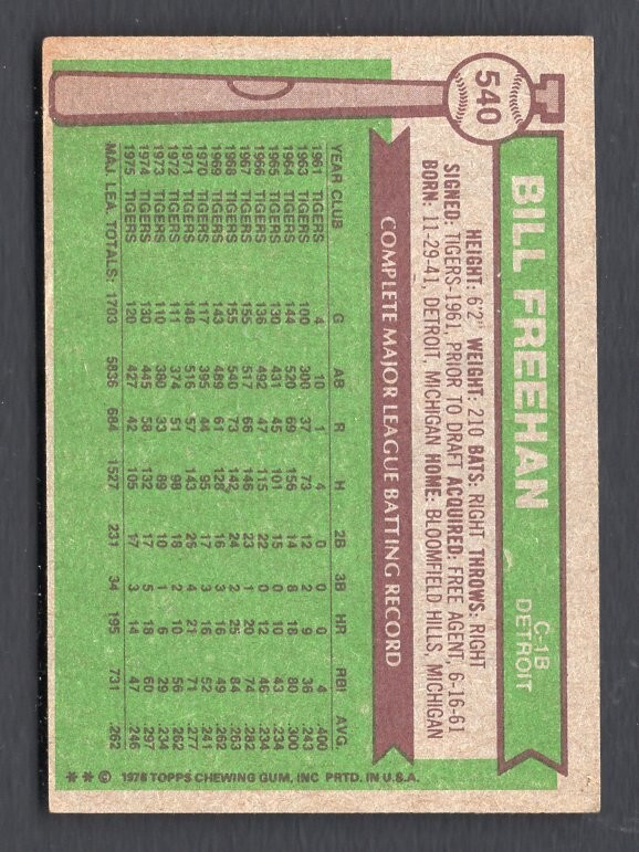 Bill Freehan Detroit Tigers 1976 Topps Autographed Card #540 | eBay