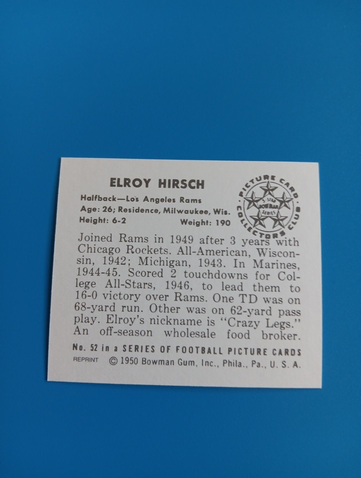 Elroy Hirsch 1950 Bowman Reprint Football Card Los Angeles Rams #52 | eBay