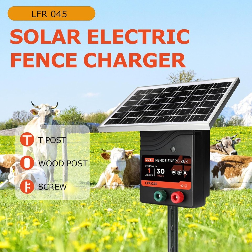30 Miles Solar Electric Fence Charger, 1 Joule Portable Solar Fence ...