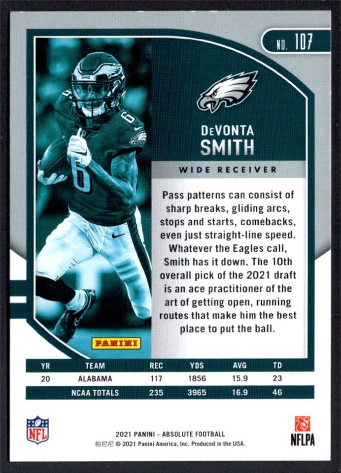 DeVonta Smith 2021 Panini Absolute Rookie Card RC #107 Philadelphia ...